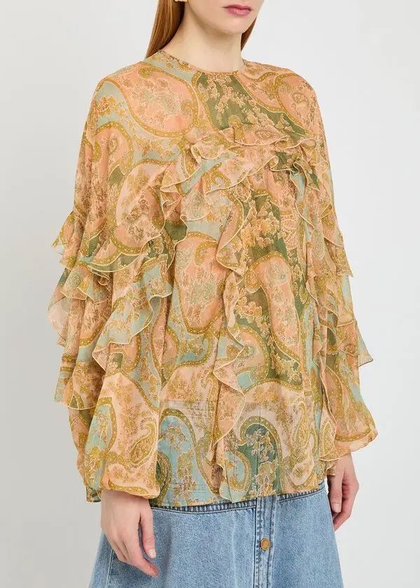 Zimmermann Luna Flutter Paisley Ruffled Silk Blouse - Sage