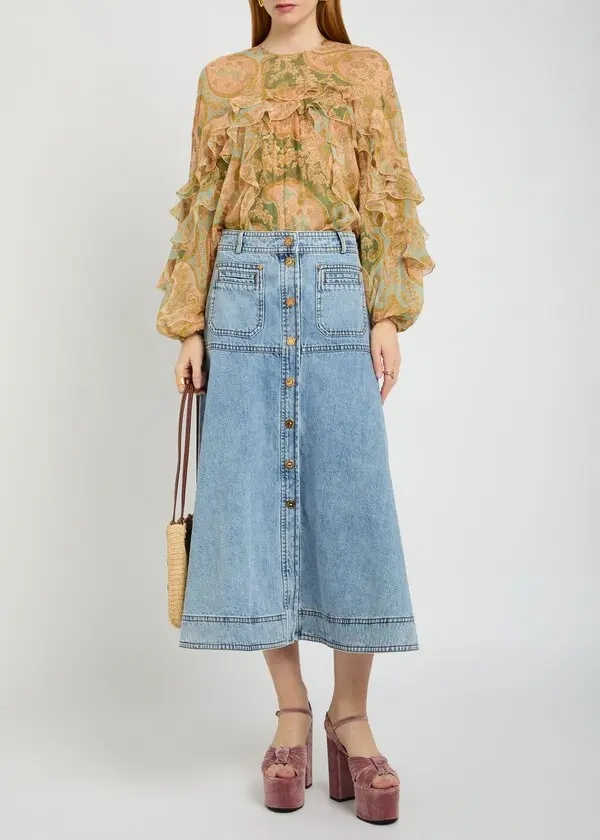 Zimmermann Luna Flutter Paisley Ruffled Silk Blouse - Sage