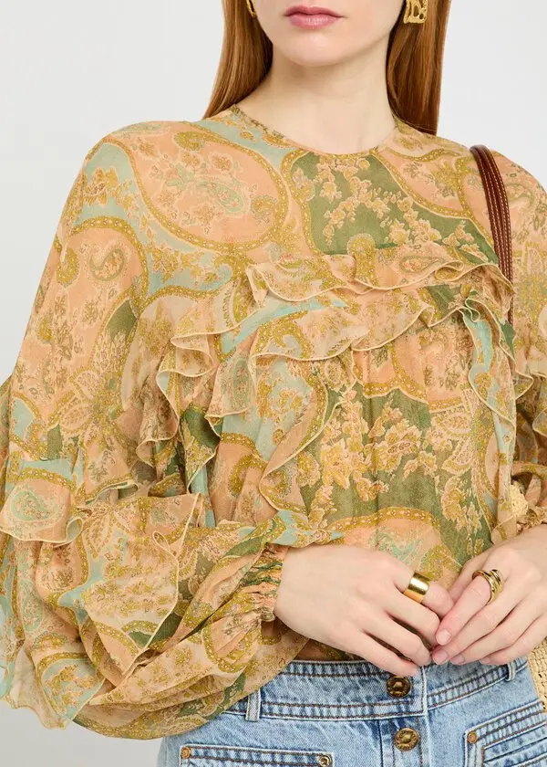 Zimmermann Luna Flutter Paisley Ruffled Silk Blouse - Sage