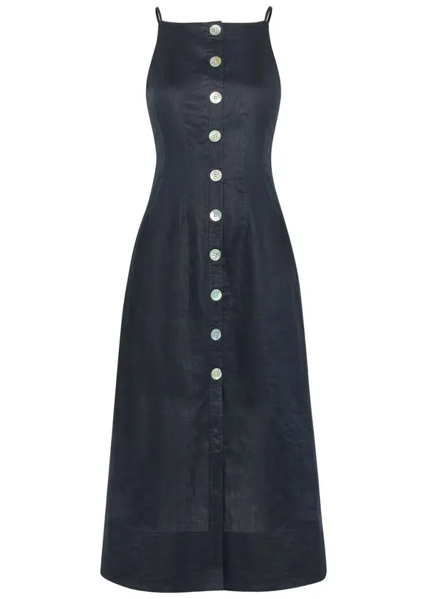 Veronica Beard Georges Button-up Linen Midi Dress - Navy