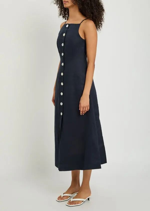 Veronica Beard Georges Button-up Linen Midi Dress - Navy