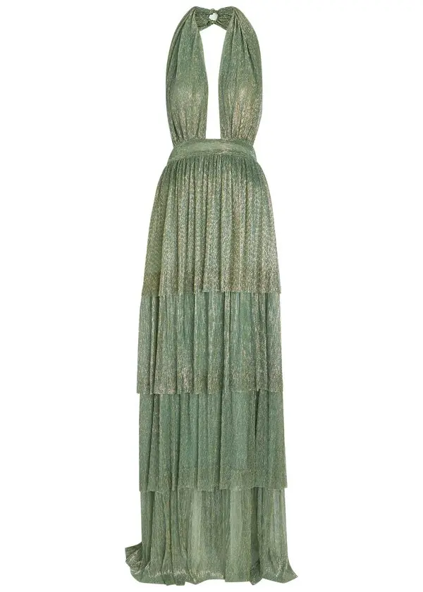 L'IDEE Nammos Halterneck Metallic-mesh Maxi Dress - Green