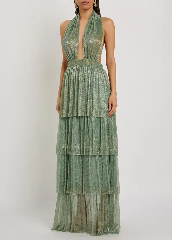 L'IDEE Nammos Halterneck Metallic-mesh Maxi Dress - Green