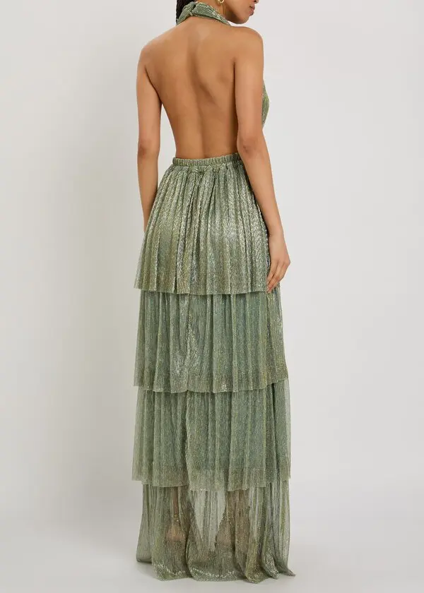 L'IDEE Nammos Halterneck Metallic-mesh Maxi Dress - Green