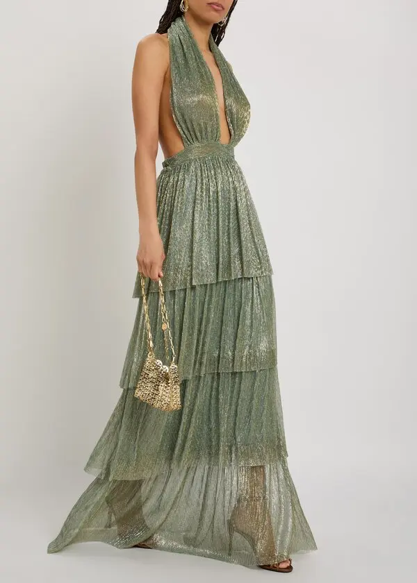 L'IDEE Nammos Halterneck Metallic-mesh Maxi Dress - Green
