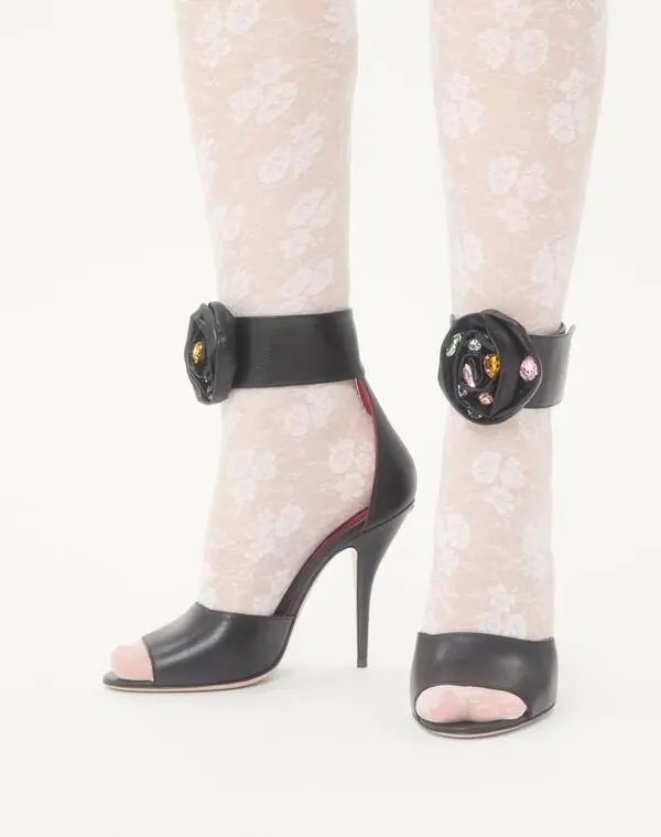 Valentino Garavani Drip Rose Kidskin Sandals With Crystals - Black