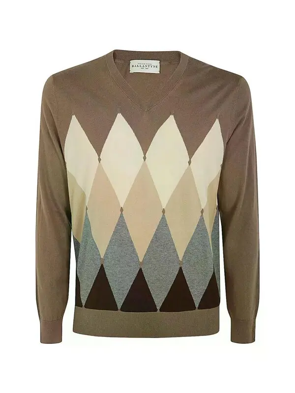 BALLANTYNE Argyle V-neck Sweater - Brown