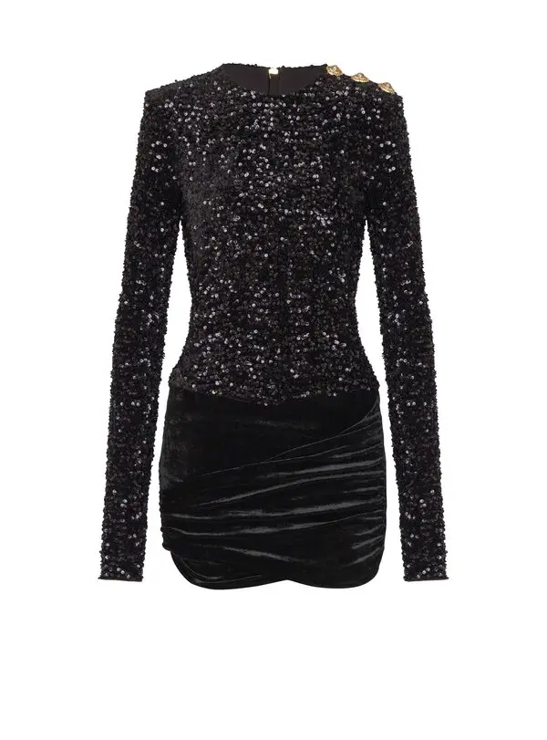 Balmain Short Draped Dress With Sequins And Velvet