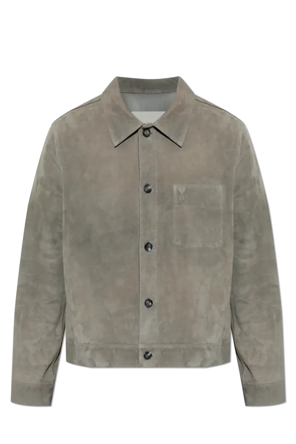 AMI Paris Suede Jacket With Embossed Logo - Grey