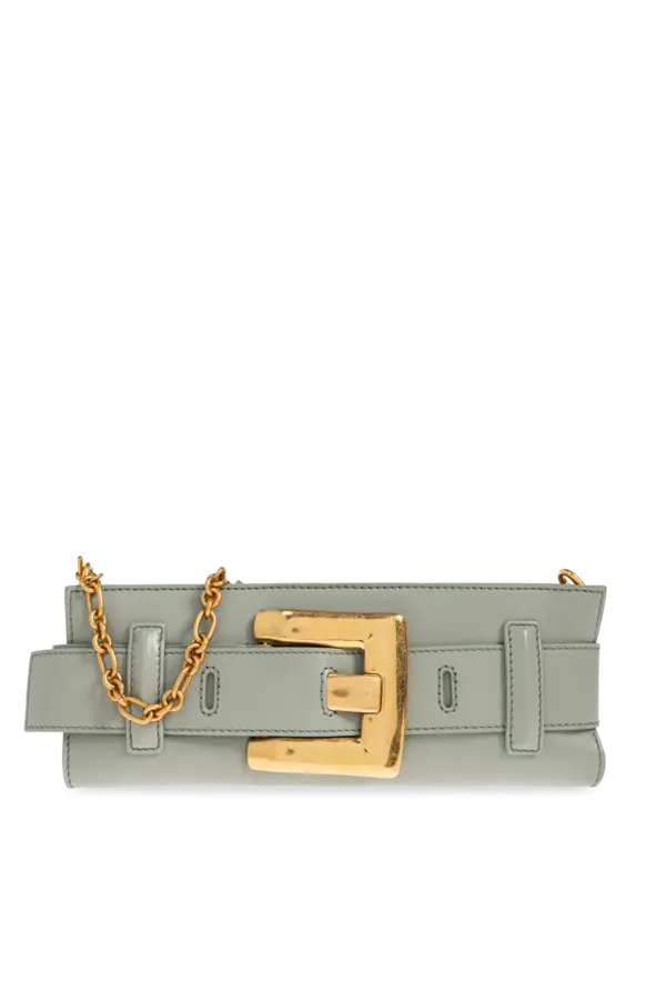Balmain Leather Clutch With Gold Buckle And Chain
