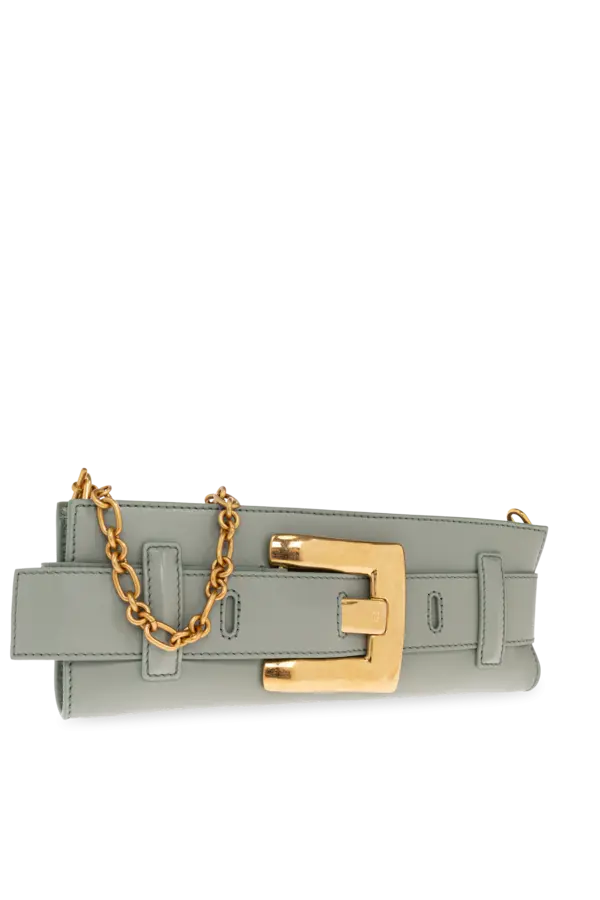 Balmain Leather Clutch With Gold Buckle And Chain
