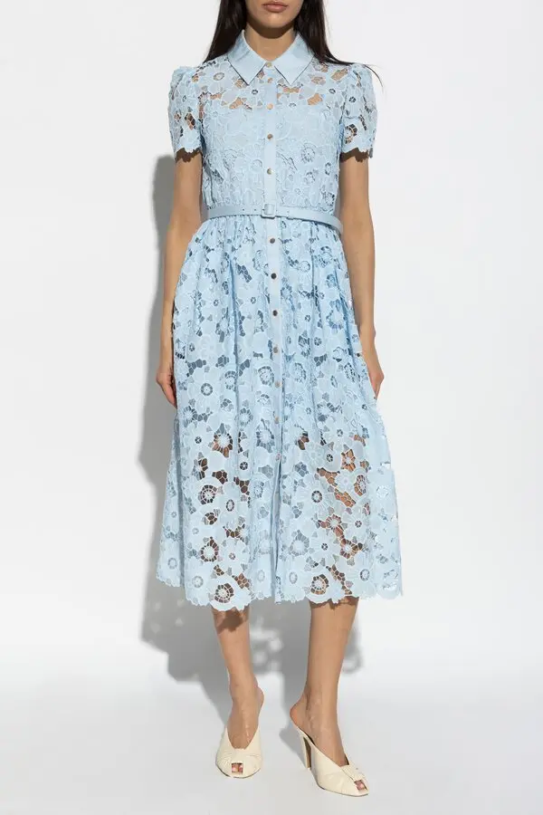 SELF-PORTRAIT Lace Shirt Dress With Belt - Light Blue