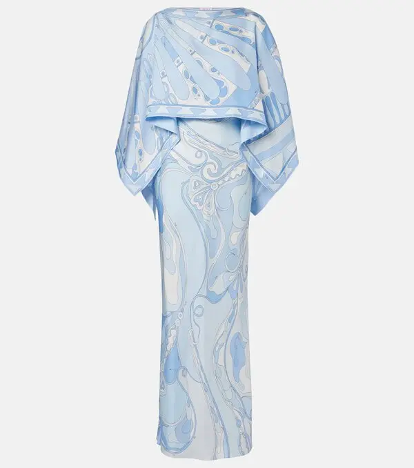 Emilio Pucci Orchidee Soleil Silk Gown And Cape Set - Blue