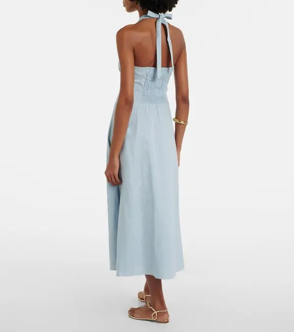 Faithfull The Brand Marais Shirred Linen Midi Dress - Blue