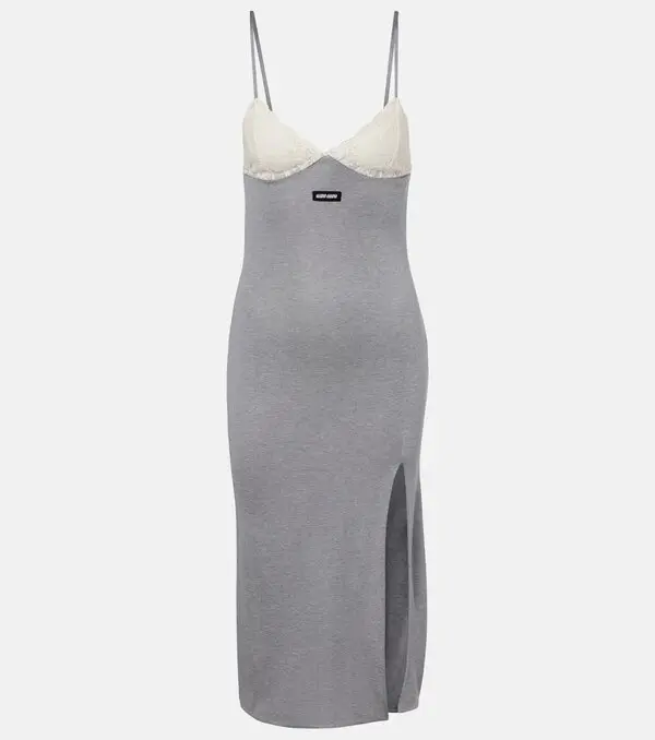 Miu Miu Lace-trimmed Silk Jersey Midi Dress - Grey