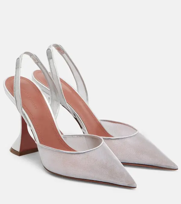 Amina Muaddi Holli Mesh Slingback Pumps - Silver
