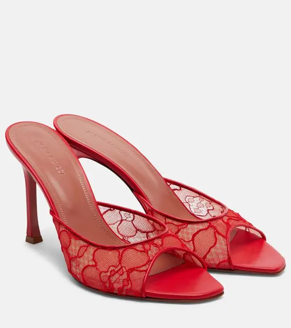 Amina Muaddi Alexa Leather-trimmed Lace Mules - Red