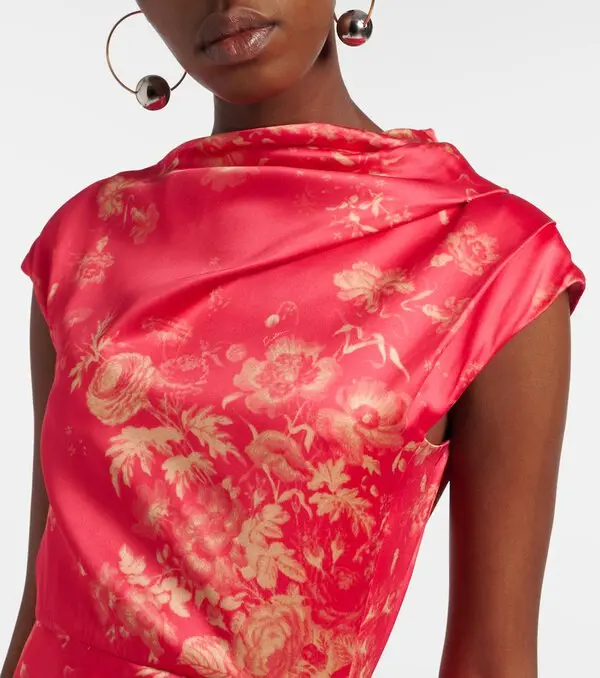 Erdem Draped Floral Duchess Satin Gown - Red