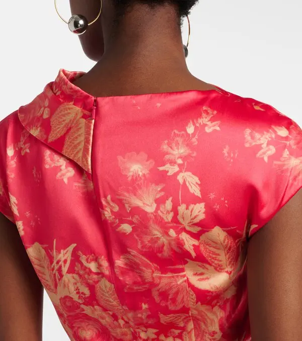 Erdem Draped Floral Duchess Satin Gown - Red