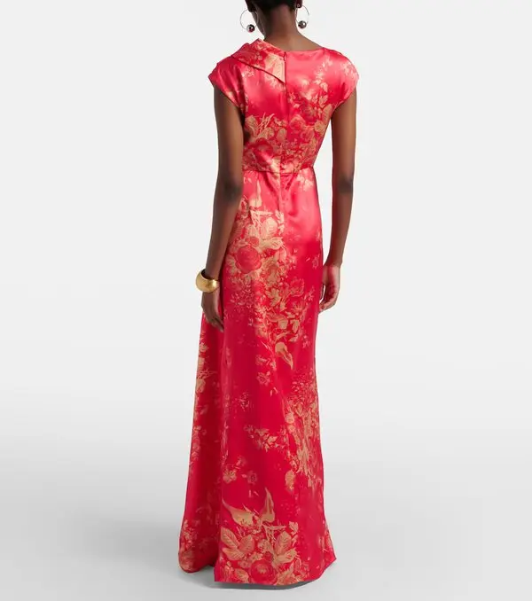 Erdem Draped Floral Duchess Satin Gown - Red