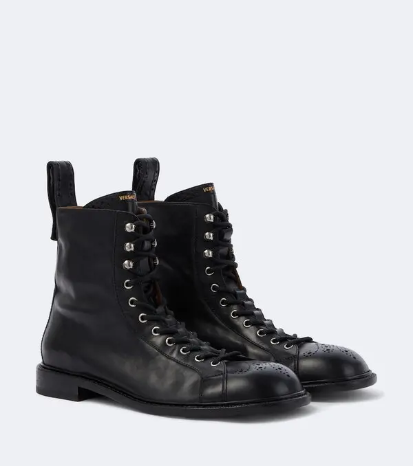 Versace Billy Perforated Leather Combat Boots - Black