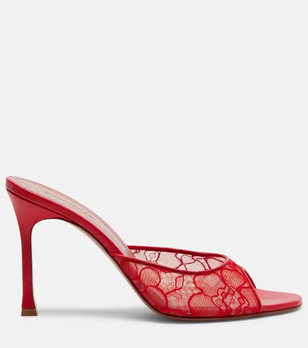 Amina Muaddi Alexa Leather-trimmed Lace Mules - Red