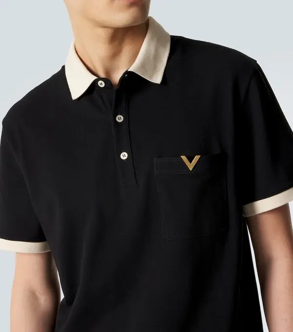 Valentino Garavani Vlogo Cotton Jersey Piqué Polo Shirt - Black