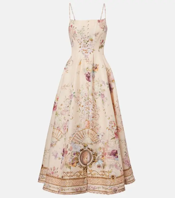 Camilla Printed Linen And Silk Midi Dress - Multicoloured