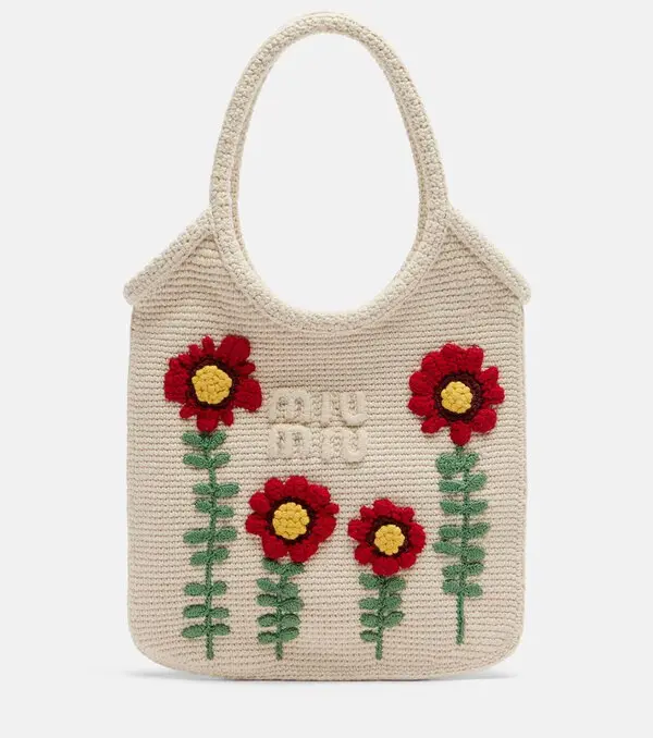 Miu Miu Ivy Embroidered Crochet Tote - Beige