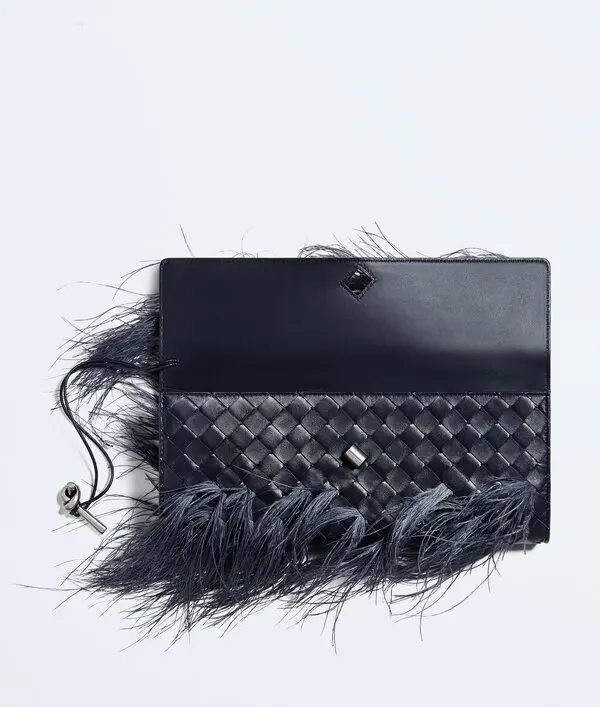 Bottega Veneta Intrecciato Top Handle Clutch With Ostrich Feathers