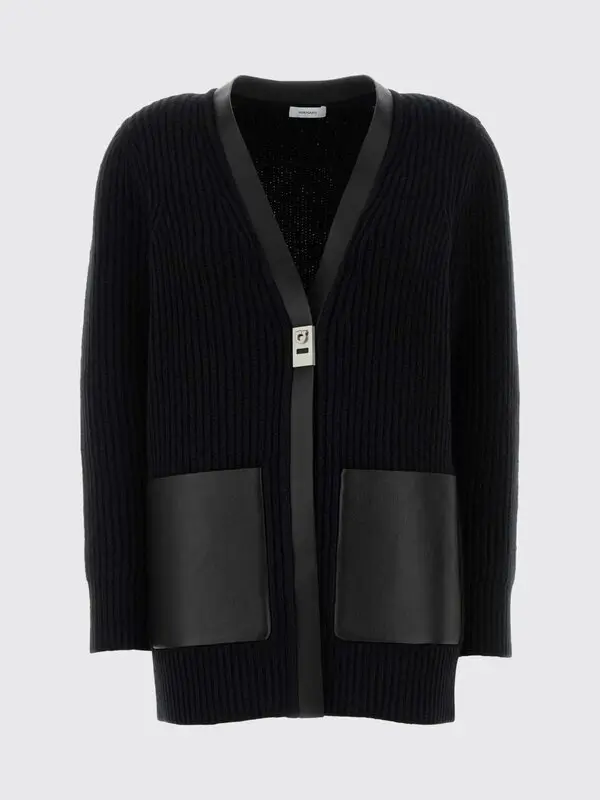 FERRAGAMO Ribbed Cardigan With Leather Accents - Black