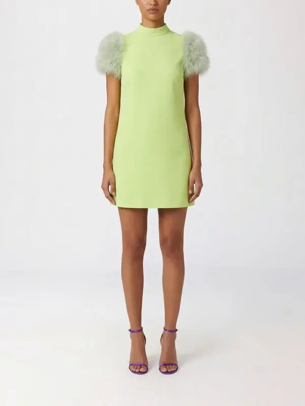 Valentino Garavani Virgin Wool And Silk Dress With Feather Sleeves - Green