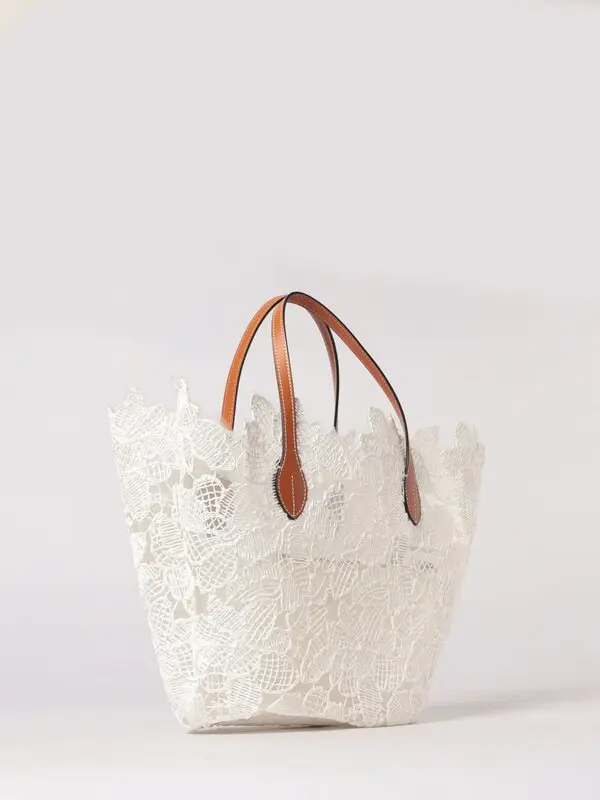 Ermanno Scervino Embroidered Floral Motif Mesh Nylon And Raffia Bag - White