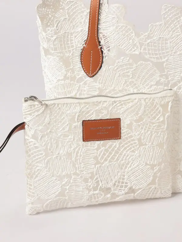 Ermanno Scervino Embroidered Floral Motif Mesh Nylon And Raffia Bag - White