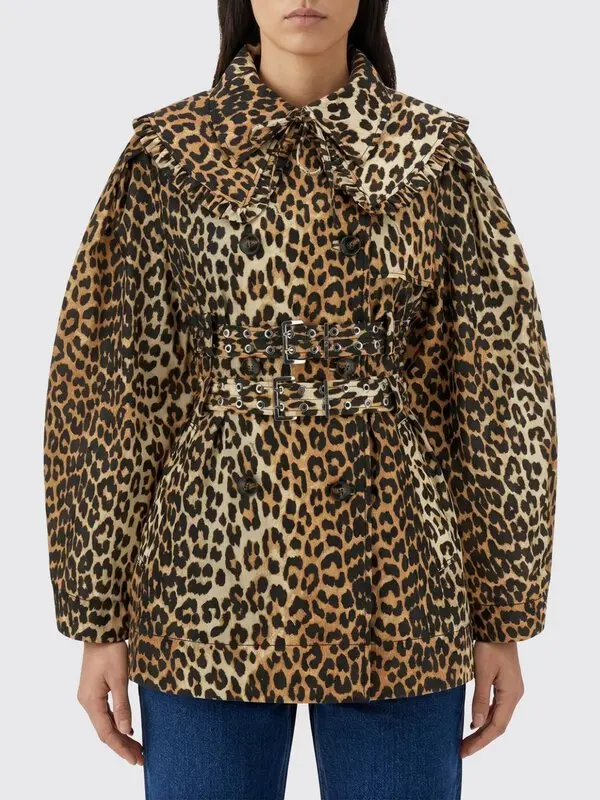 GANNI Double Breasted Animal Print Jacket - Brown