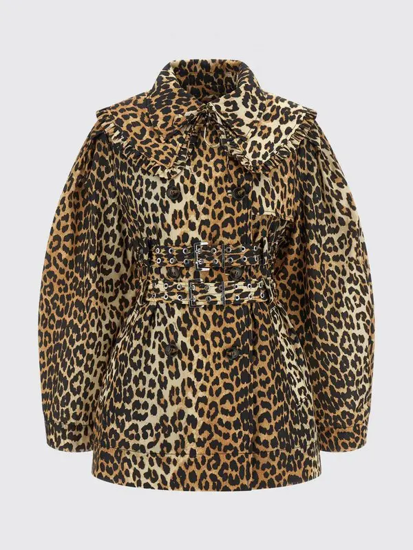 GANNI Animal Print Double-breasted Trench Coat - Brown