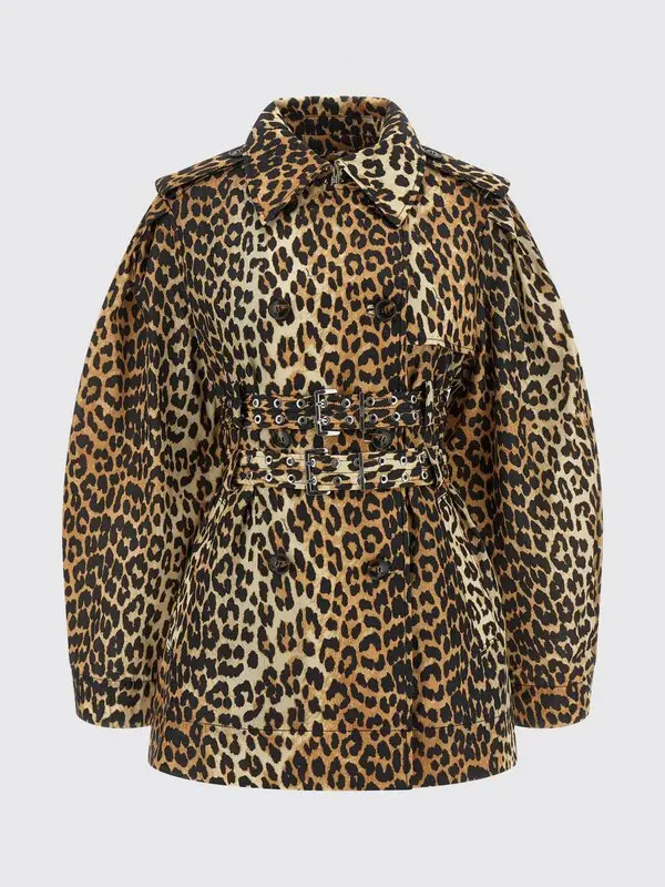 GANNI Animal Print Double-breasted Trench Coat - Brown