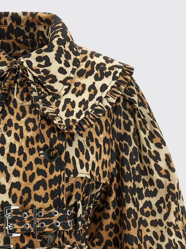 GANNI Animal Print Double-breasted Trench Coat - Brown