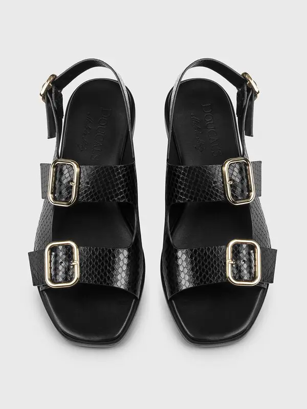 DOUCAL'S Python Print Leather Slingback Sandals - Black