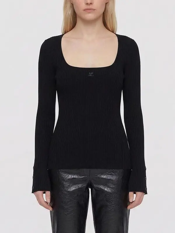 COURREGES Ribbed Knit Top With Button Detail - Black