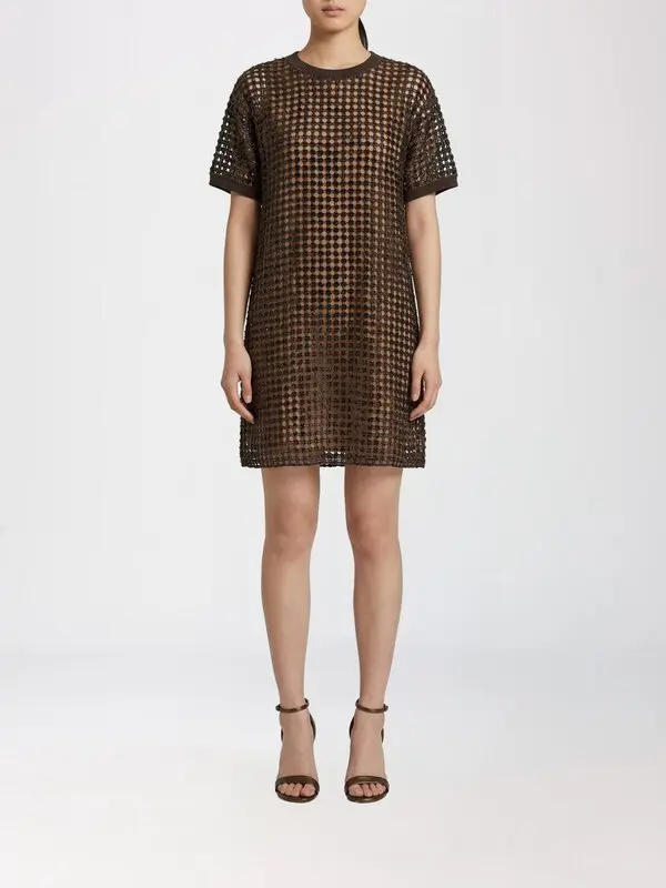 Brunello Cucinelli Sequined Silk And Linen Dress - Brown