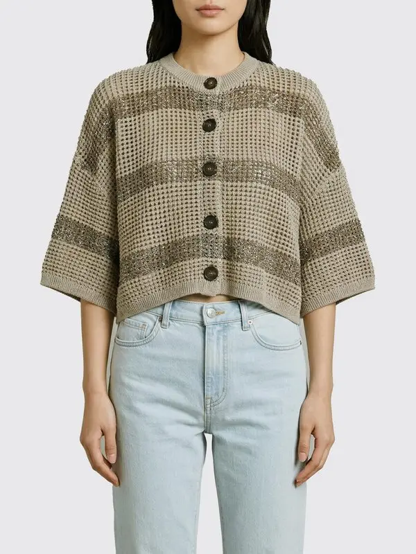 Brunello Cucinelli Striped Openwork Cotton Cardigan - Beige