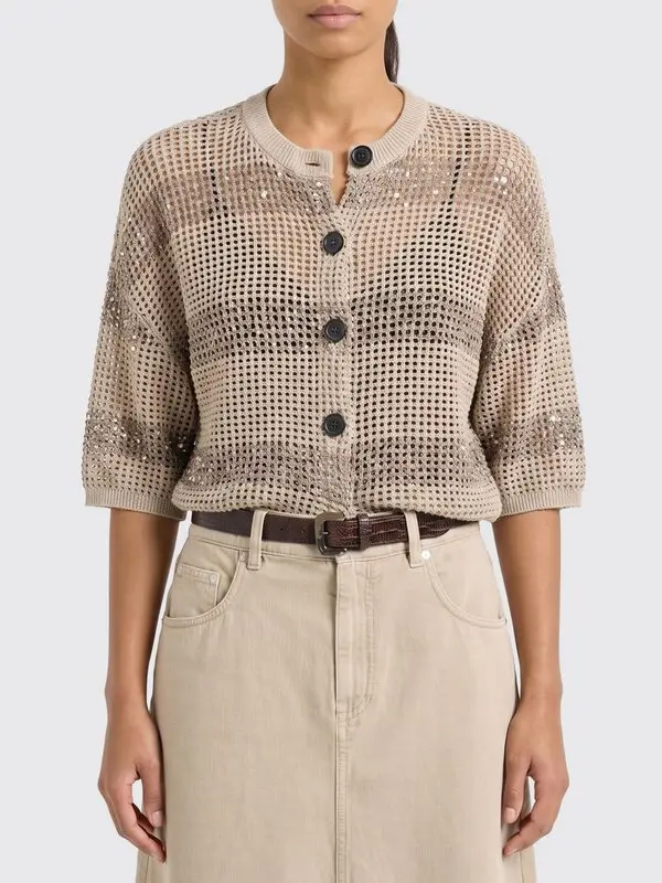 Brunello Cucinelli Striped Openwork Cotton Cardigan - Gold