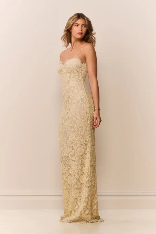 LoveShackFancy Ciona Sequin Lace Gown - Ivory
