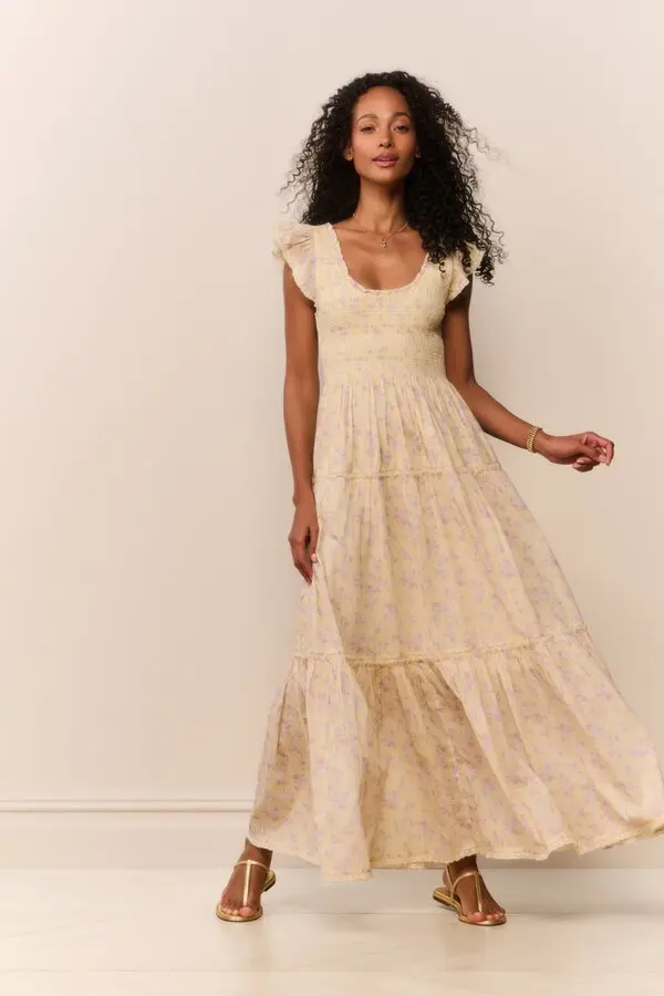 LoveShackFancy Chessie Blooming Floral Maxi Dress - Lemon Spritz