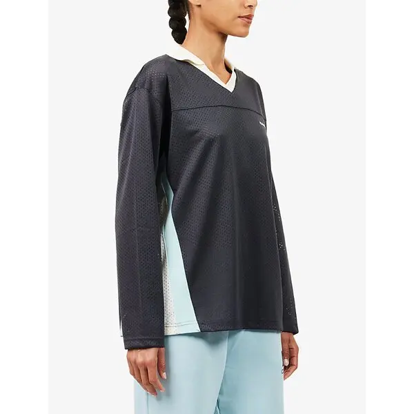 ADANOLA Collared Long Sleeve Mesh Jersey Top - Midnight Blue