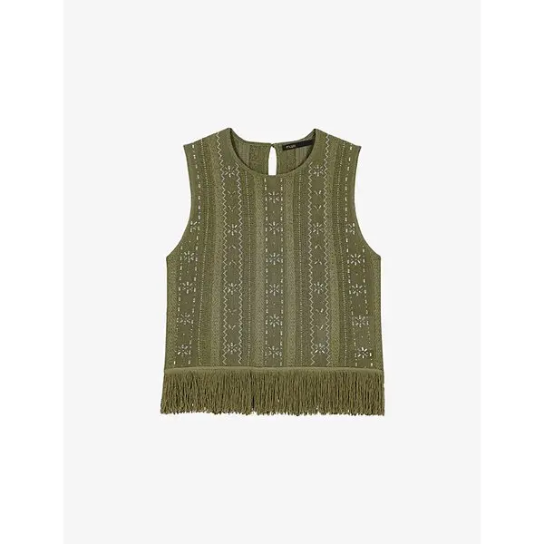 Maje Sleeveless Embellished Woven Top With Fringe - Khaki