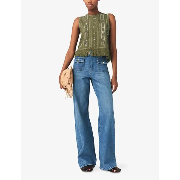 Maje Sleeveless Embellished Woven Top With Fringe - Khaki