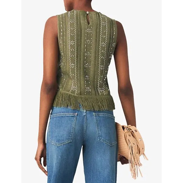 Maje Sleeveless Embellished Woven Top With Fringe - Khaki