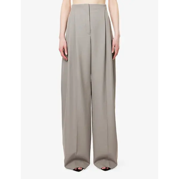 MUGLER Pleated Wide-leg Wool Trousers - Grey